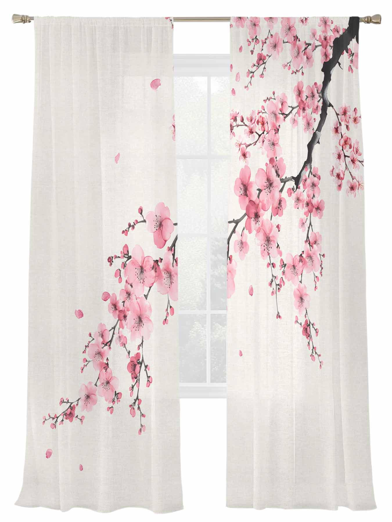 Cherry Blossoms Sheer Curtains 96 Inch Length 2 Panels Set, Semi ...