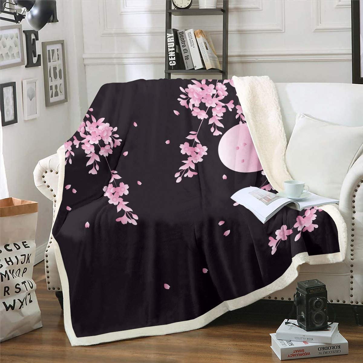 Cherry Blossoms Sherpa Blanket Japanese Plush Blanket Pink Moon Flowers ...