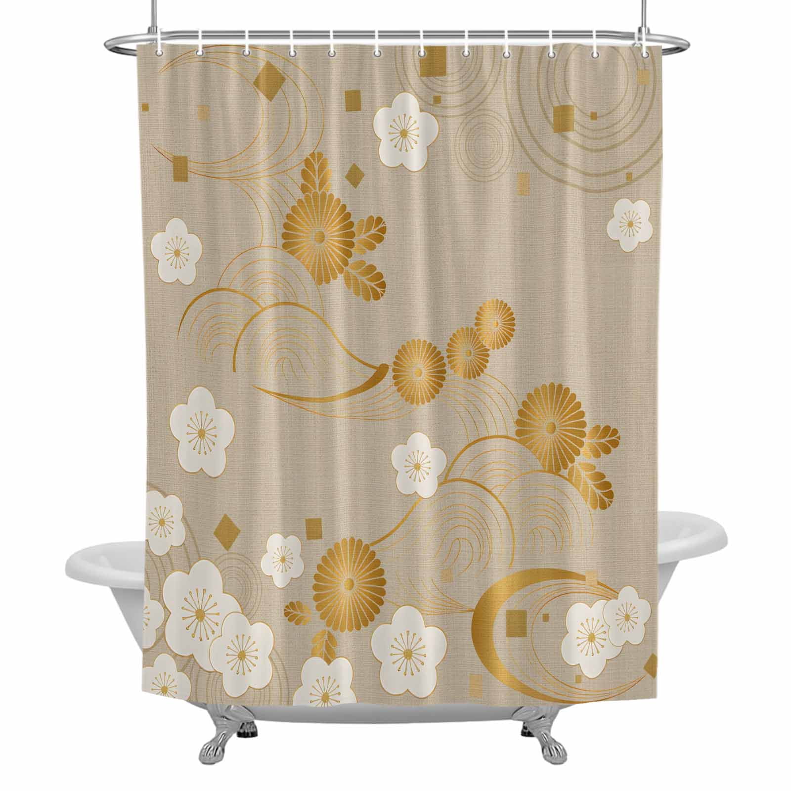Cherry Blossoms Shower Curtain for Bathroom, Japanese Style Gold Flower ...