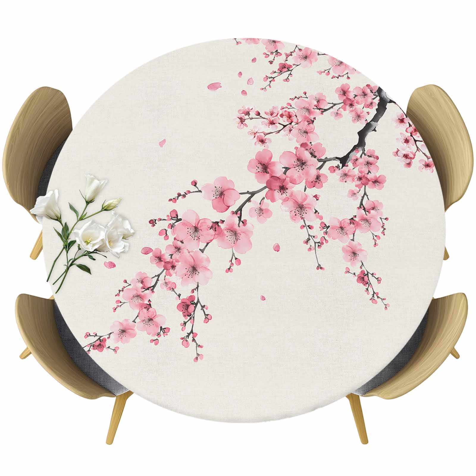 Cherry Blossoms Table Cloth, Round Fitted Tablecloths with Elastic Edge ...