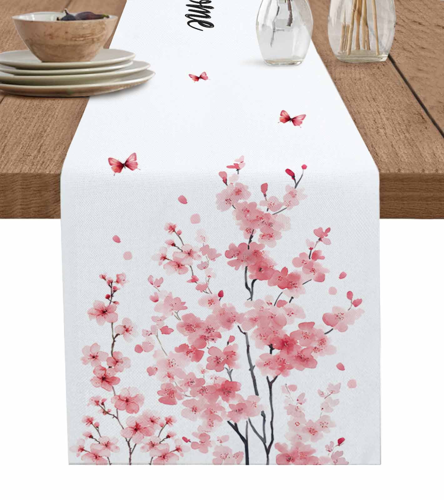 Cherry Blossoms Table Runner 108 Inches, Butterfly Pink Flower Pastoral Spring Bed Runner ...