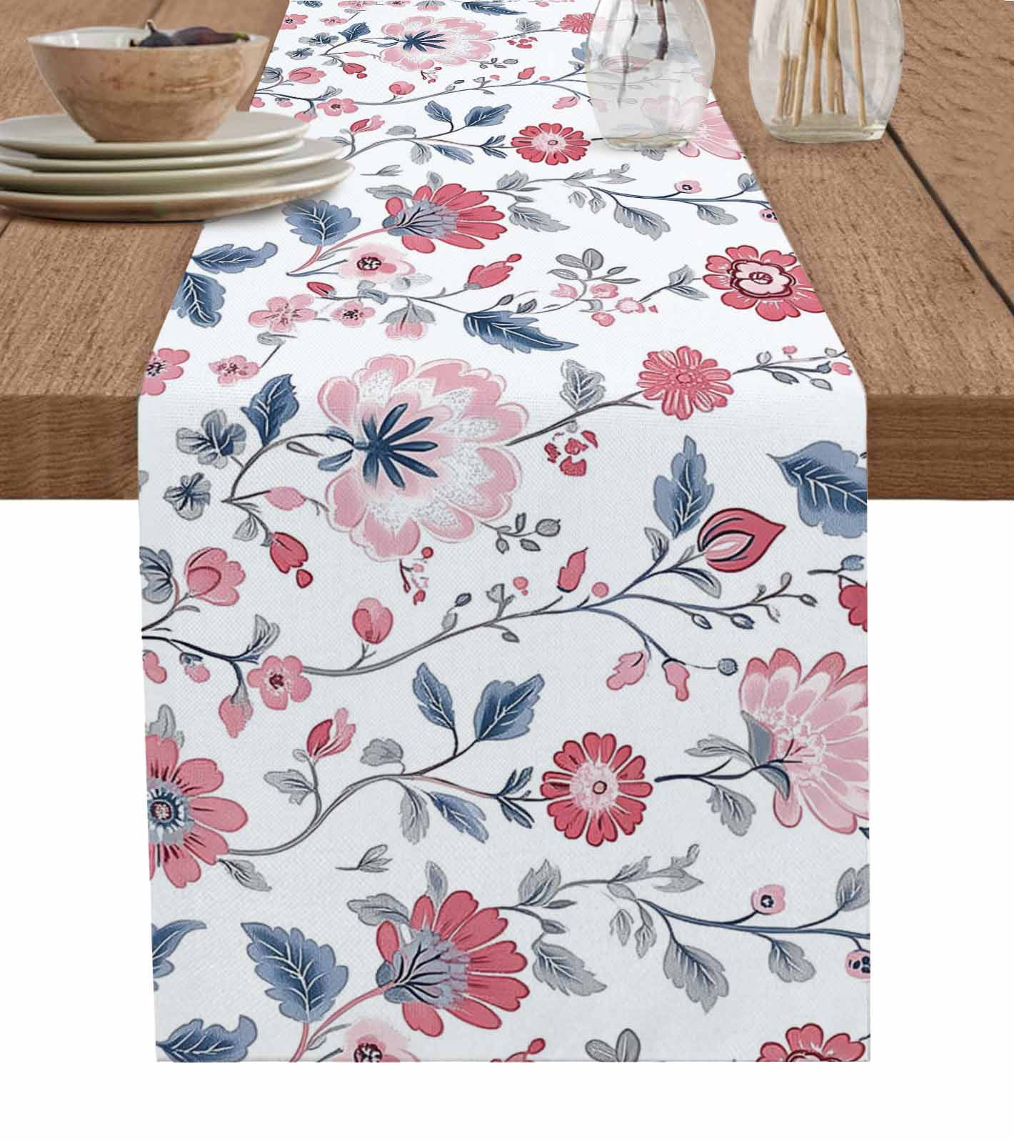 Cherry Blossoms Table Runner 108 Inches, Pink Flower Blue Leaf Garden Wildflower Bed Runner ...