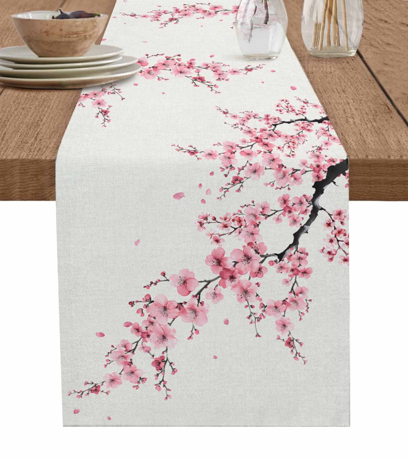 Cherry Blossoms Table Runner 72 Inches, Pink Flower Floral Spring Nature Country Bed Runner ...