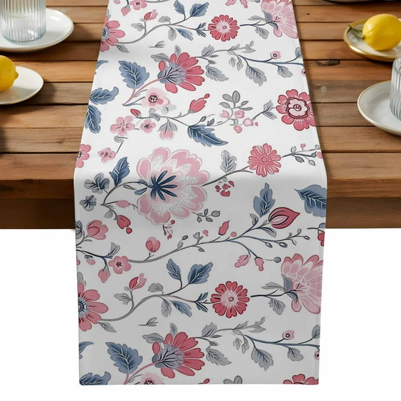Cherry Blossoms Table Runner, Pink Flower Blue Leaf Garden Wildflower ...
