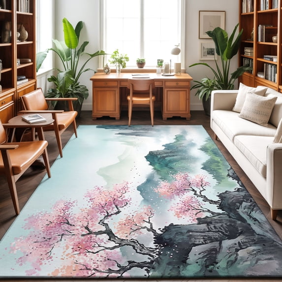 Cherry Blossoms Trees Washable Area Rug 3 x 5 ft Traditional Misty ...