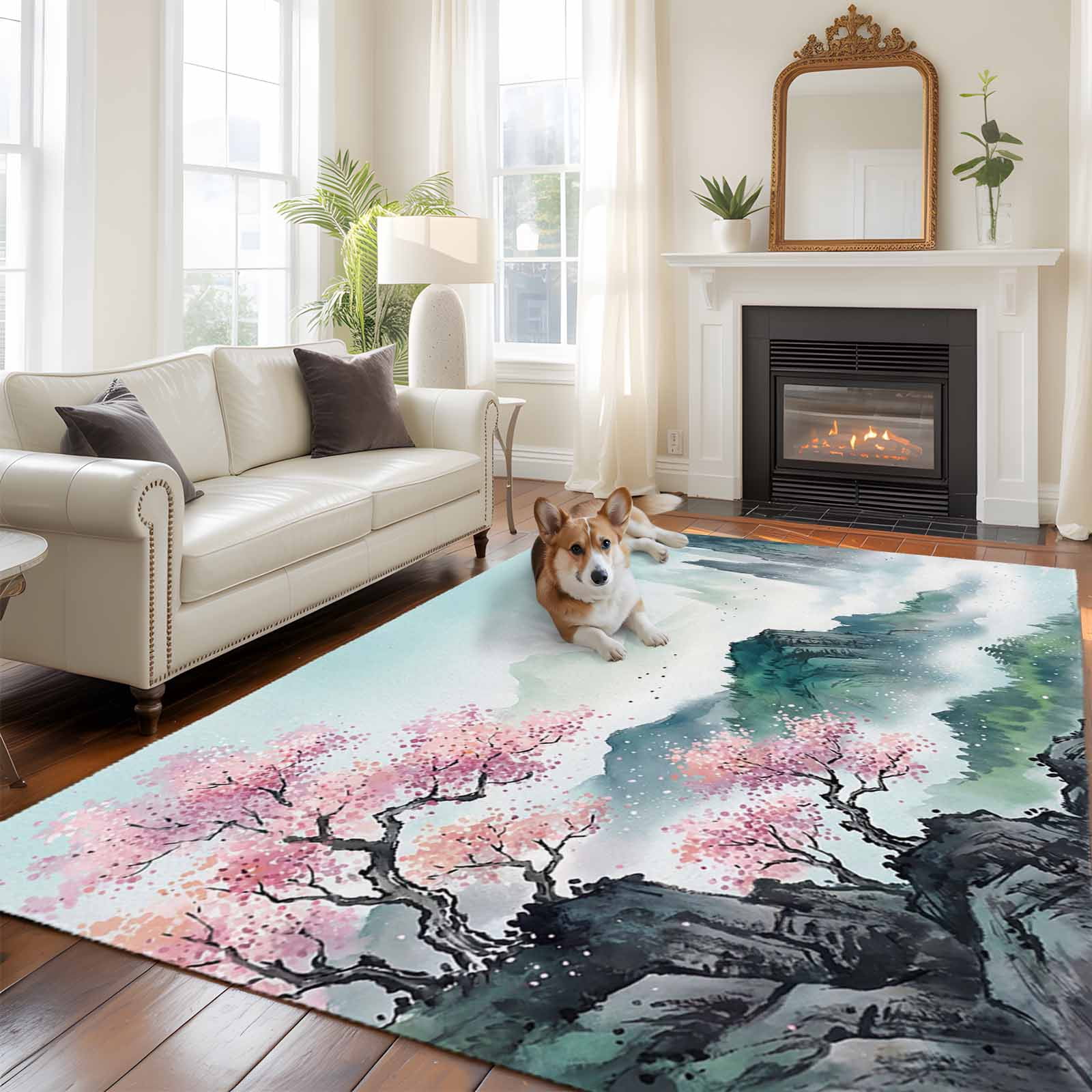 Cherry Blossoms Trees Washable Area Rug 6x9 Traditional Misty Mountains ...