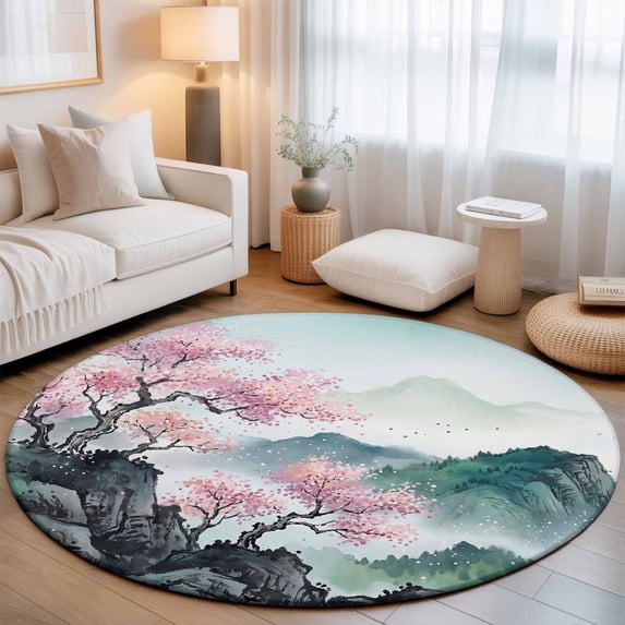 Cherry Blossoms Trees Washable Round Area Rug 3.3 ft, Traditional Misty ...