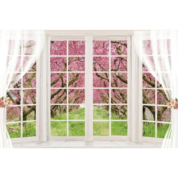 Cherry Blossoms Window Backdrop Spring Garden Pink Cherry Flower Baby ...