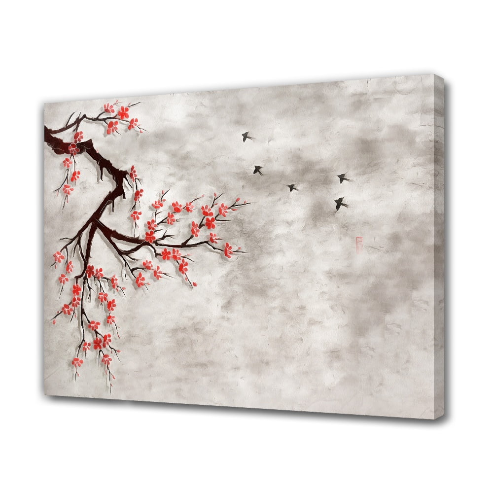 Cherry Blossoms With Birds Flying Above Canvas Poster Bedroom Decor ...