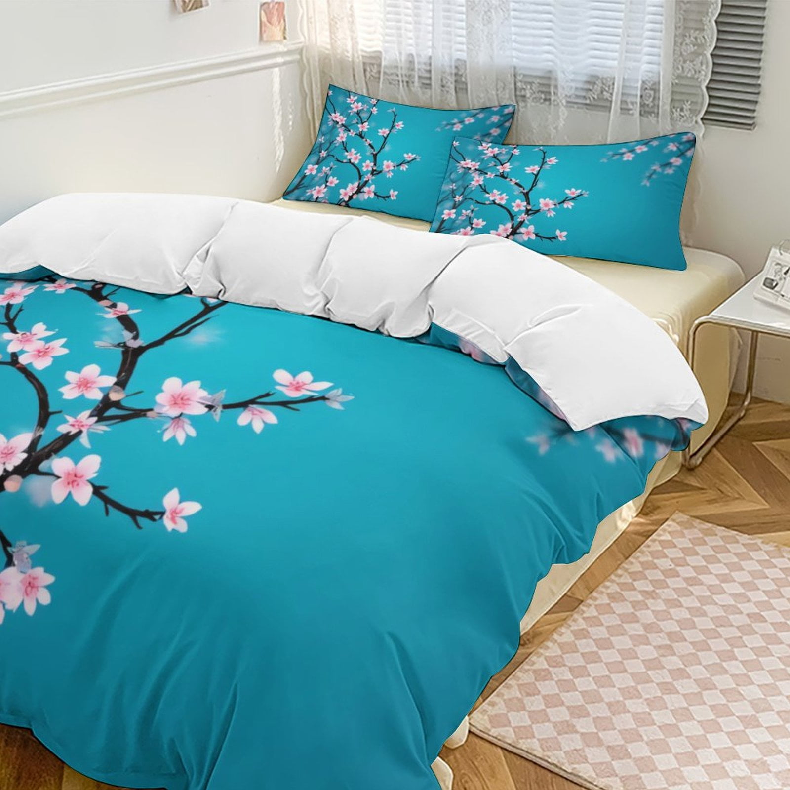 Cherry Blossoms on Blue Background Duvet Cover Set Themed Multicolor ...