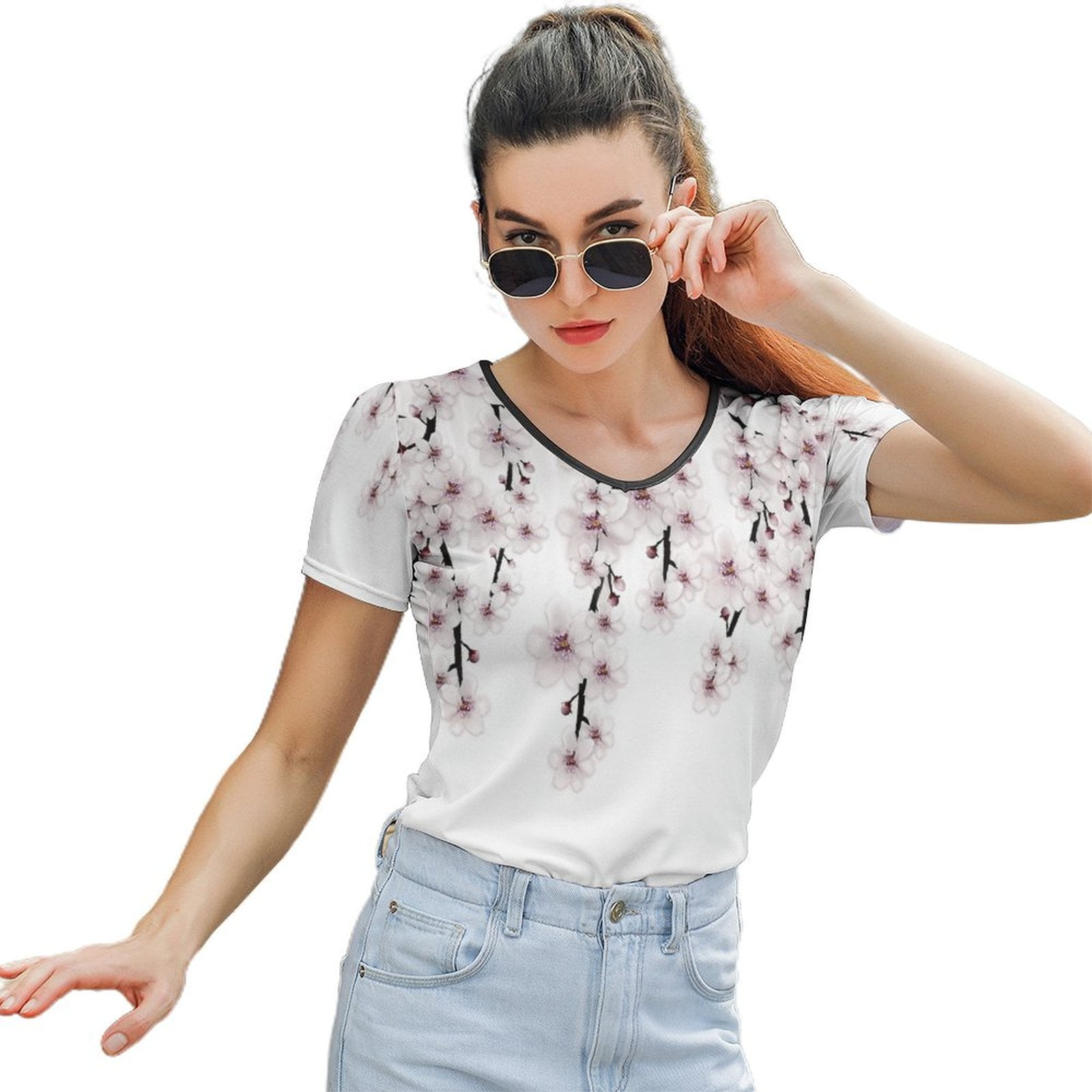 Cherry Blossoms with Falling Flowers Women's V-Neck Short Sleeve T ...