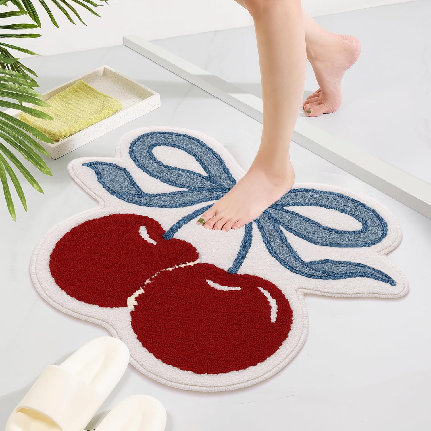 Cherry Blue Bow Bath Mat for Bathroom, Cute Checkered Fruit Shaped ...