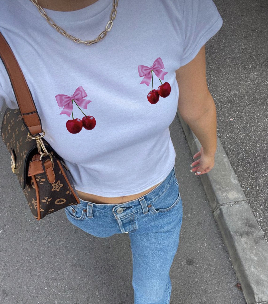 Cherry Bow 90s Style Baby Tee, Cherries With Bow Y2K Baby Tee, Y2K Baby ...