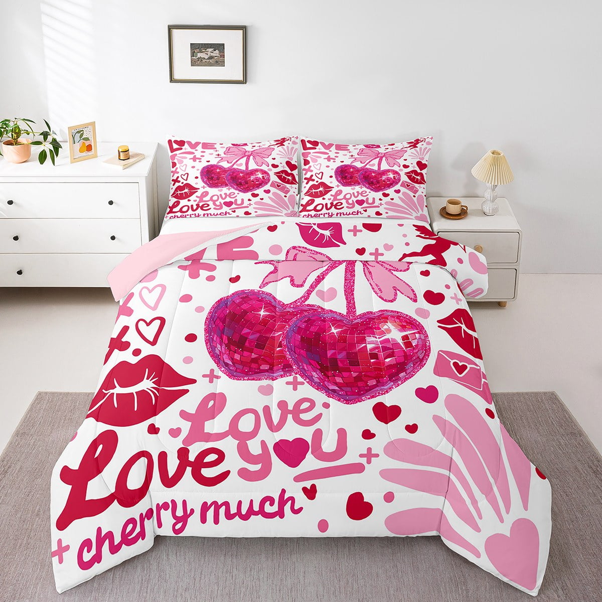 Cherry Bow Comforter Set King Size,Princess Style Pink Bowknot Sweet ...