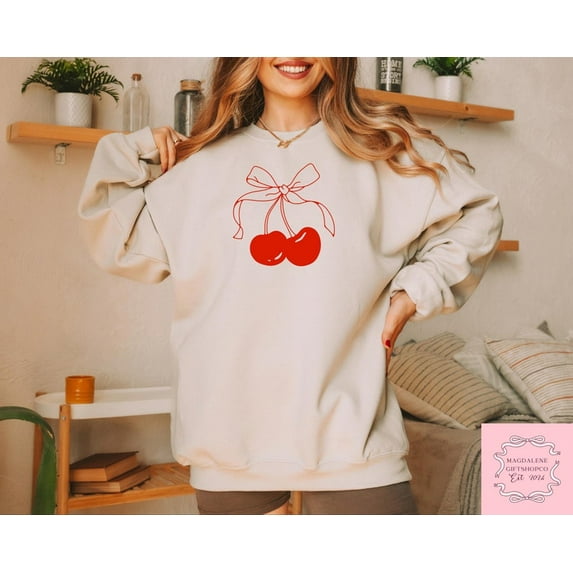 Cherry Bow Hoodie, Red Cherry & Bow Oversized Minimalist Pullover ...