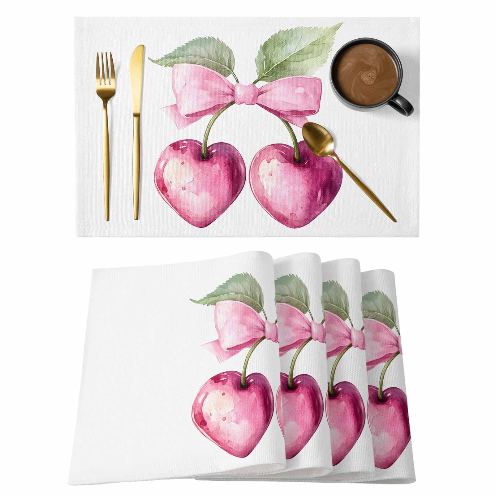 Cherry Bow Placemats Set of 4 Spring Fruit Painting Plant Leaf ...