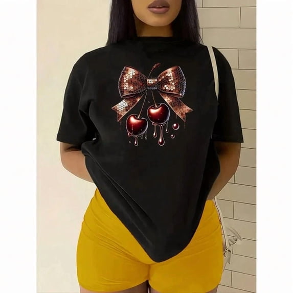 Cherry Bow Print Round Neck T-Shirt, Versatile And Fashionable Tops ...