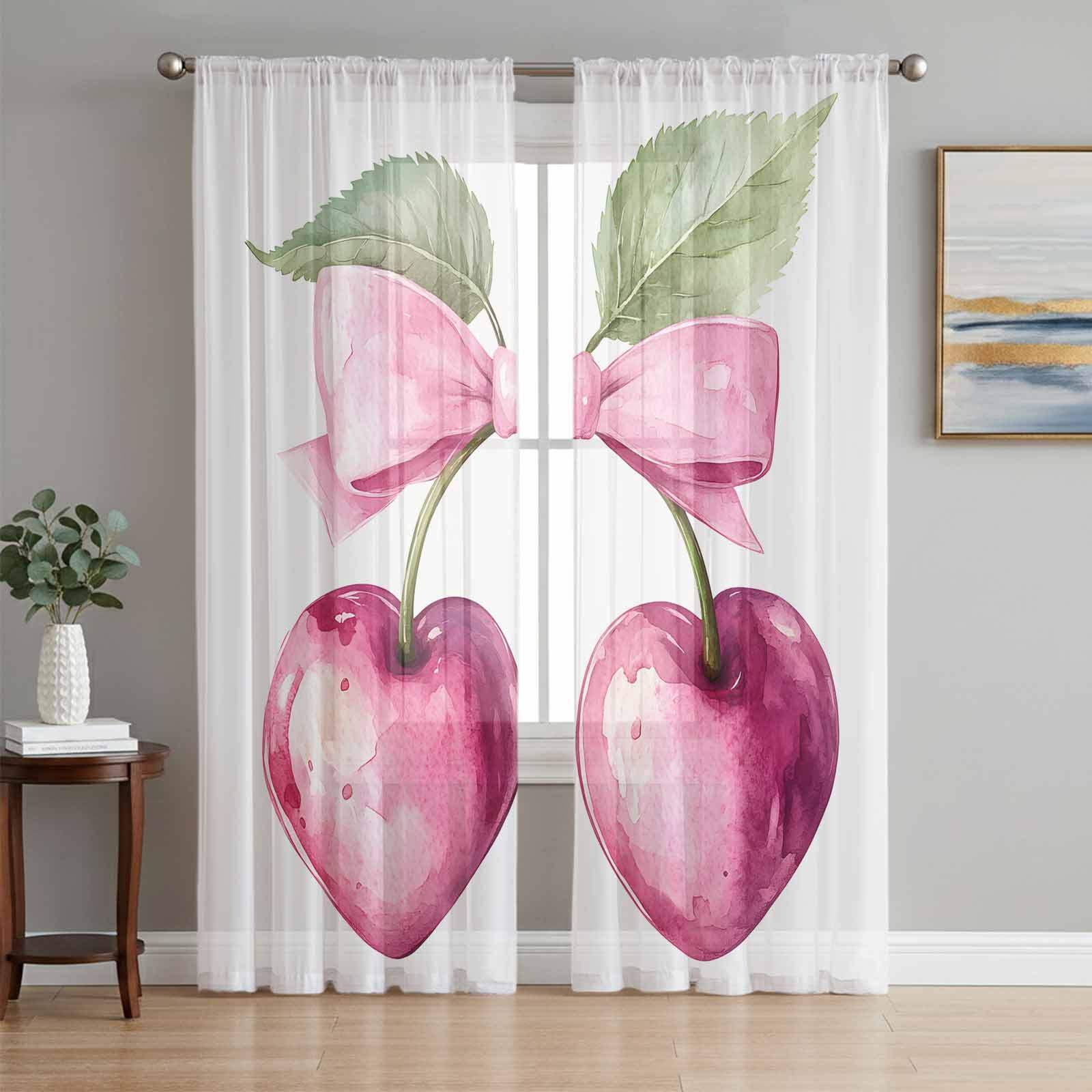 Cherry Bow Sheer Curtains 63 Inch Length 2 Panels Set, Spring Fruit ...