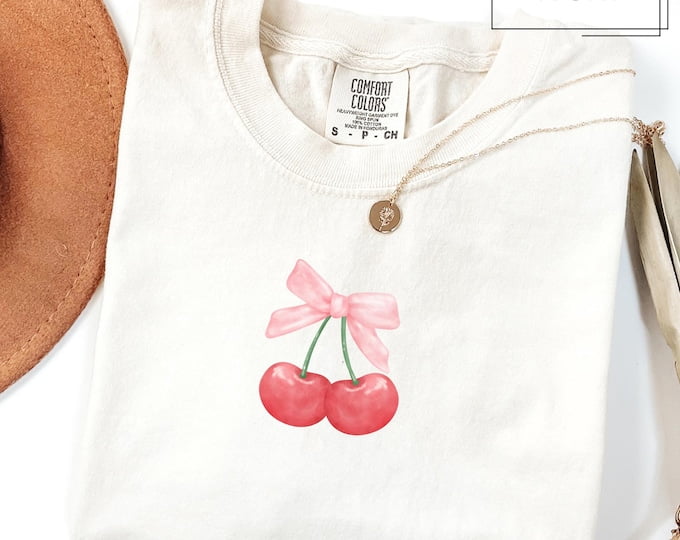 Cherry Bow Shirt, Coquette Aesthetic Tee, Cute Cherry T-Shirt, Girly ...