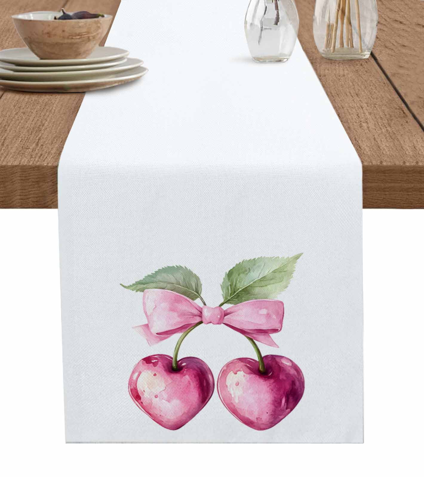 Cherry Bow Table Runner 72 Inches, Spring Fruit Painting Plant Leaf ...