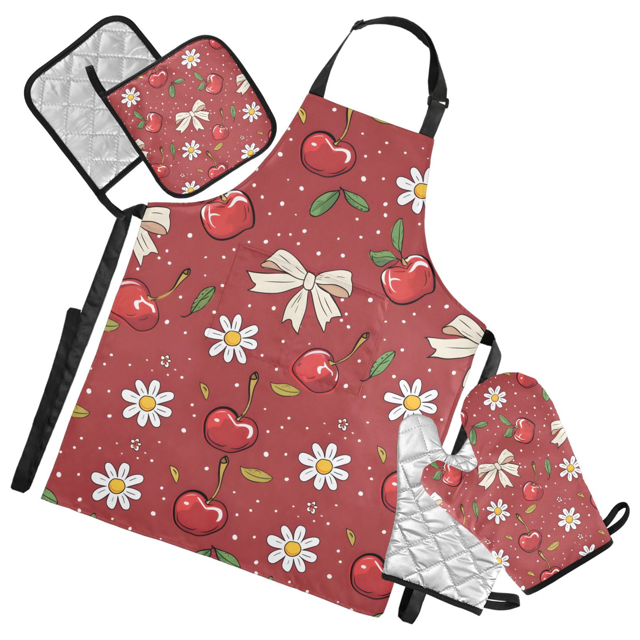 Cherry Bow with Daisy Flower 5 Pcs Kitchen Set Heat Resistant Oven ...