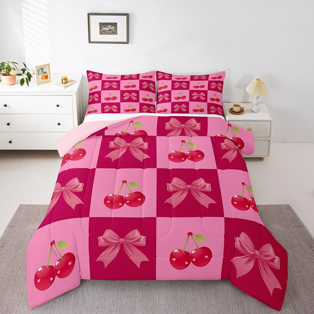 Cherry Bowknot Comforter Set Twin Size Pink Geometric Checkered Bedding ...