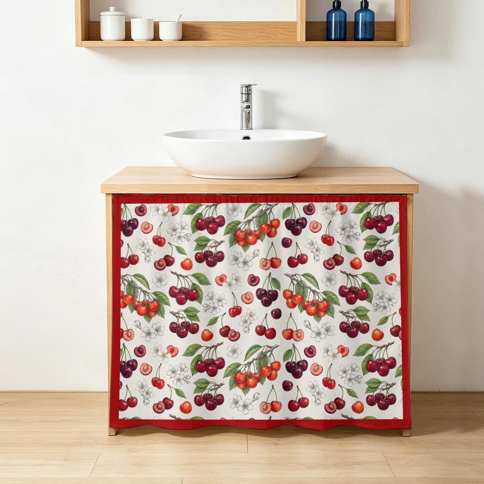 Cherry Cabinet Curtains 10" W x 11" L, Retro Pink Red Cherry White ...