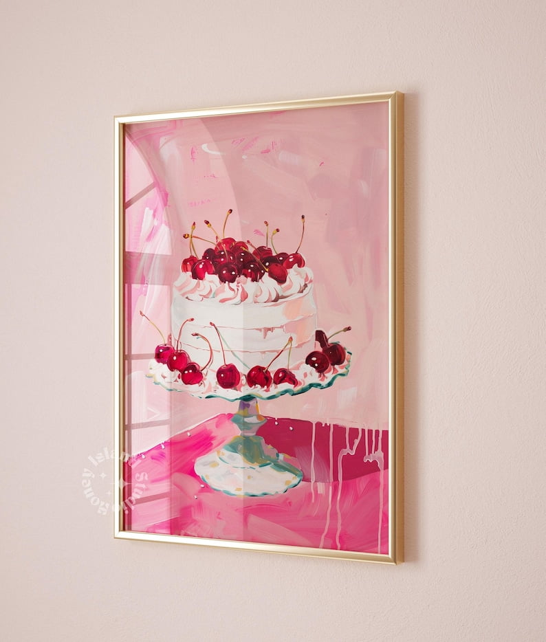 Cherry Cake Art Print Classic Pink Kitchen Wall Decor 12x18 UNFRAMED ...