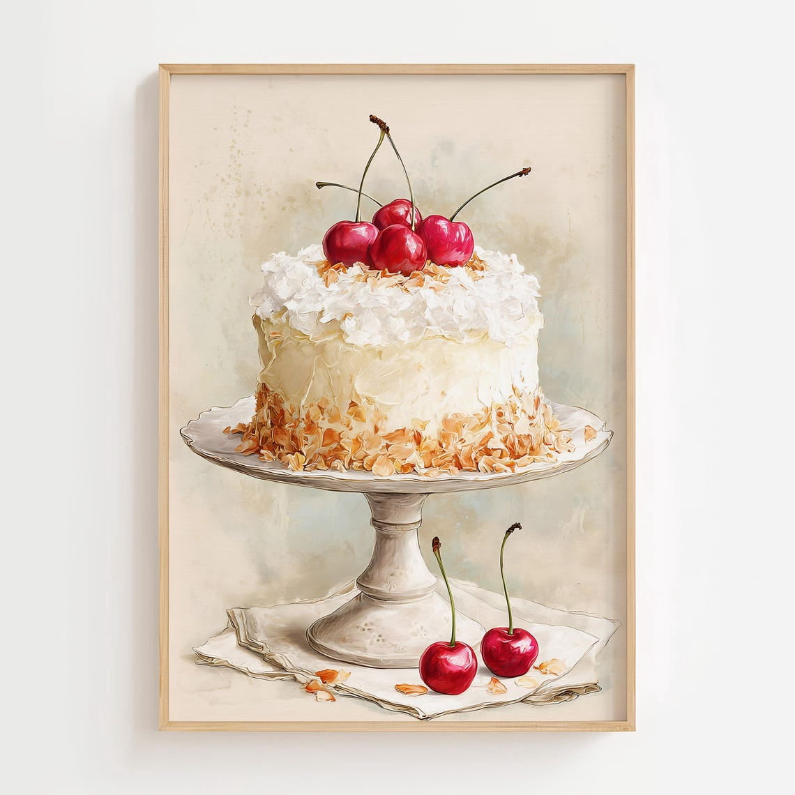 Cherry Cake Wall Art, Vintage Dessert Print, Bakery Kitchen Decor ...