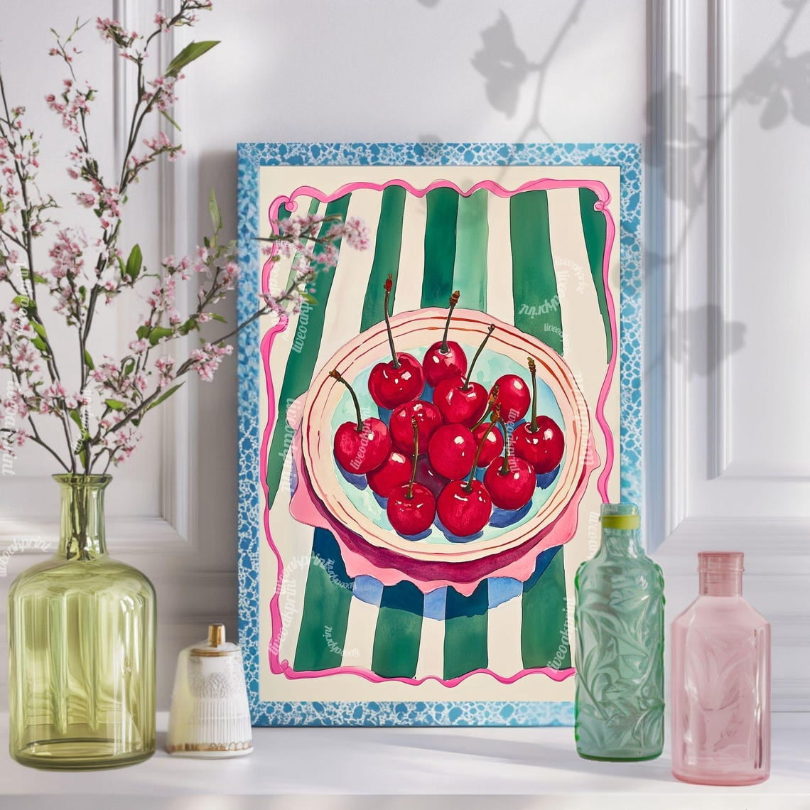 Cherry Cherries Wall Art Print, Boho Red Fruit Pink And Green Eclectic ...