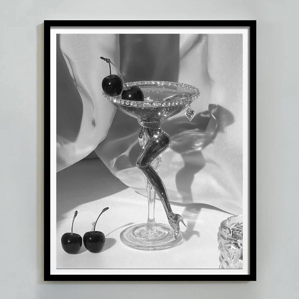 Cherry Cocktail Print Black And White Bar CArt Vintage Martini Poster ...