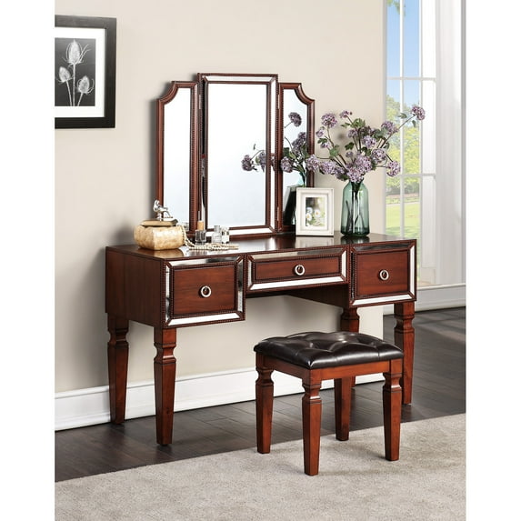 Cherry Color Traditional Vanity Set with Tri-Fold Mirror | Ideal for ...
