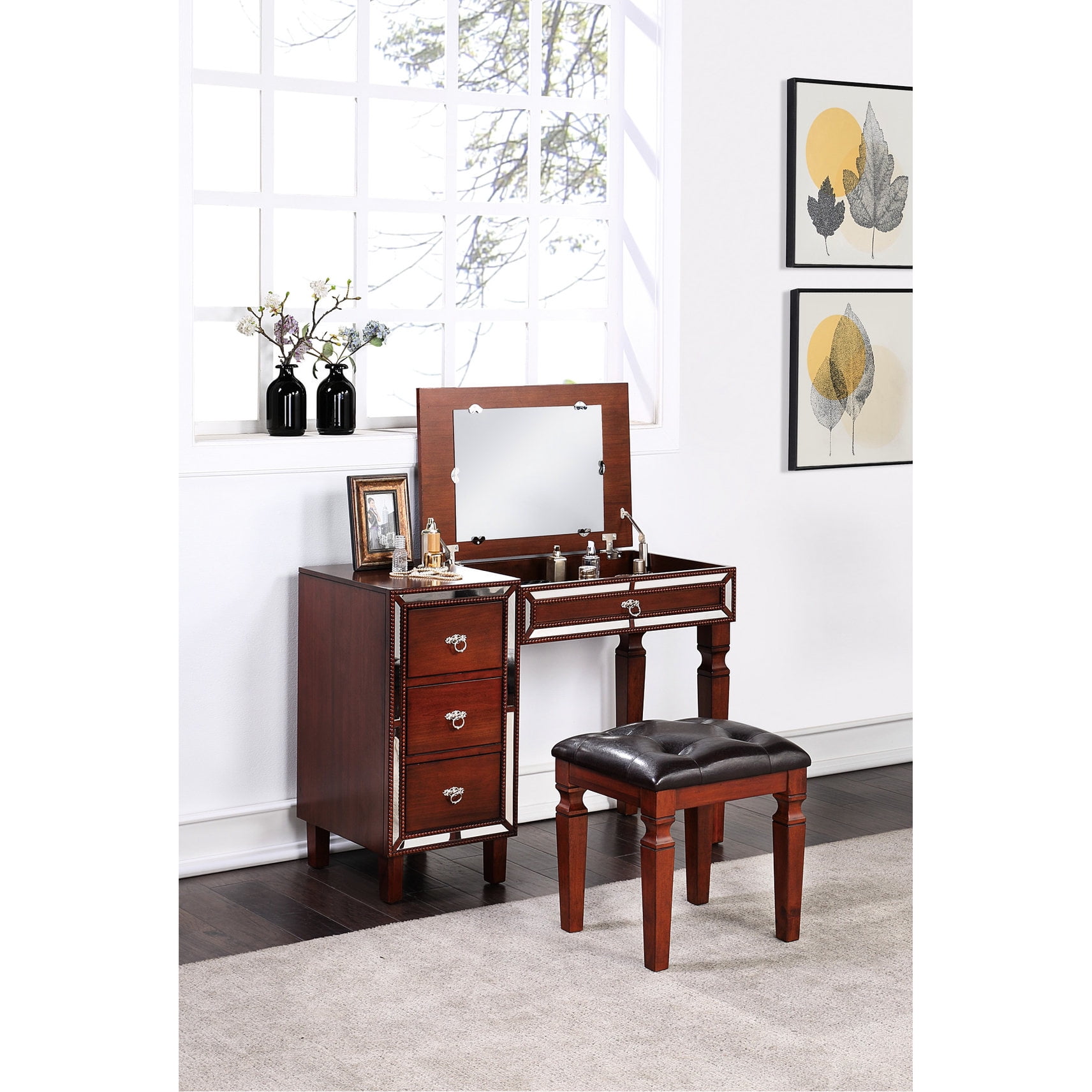 Cherry Colored Traditional Vanity Set of Rubber Wood with Drawers and ...