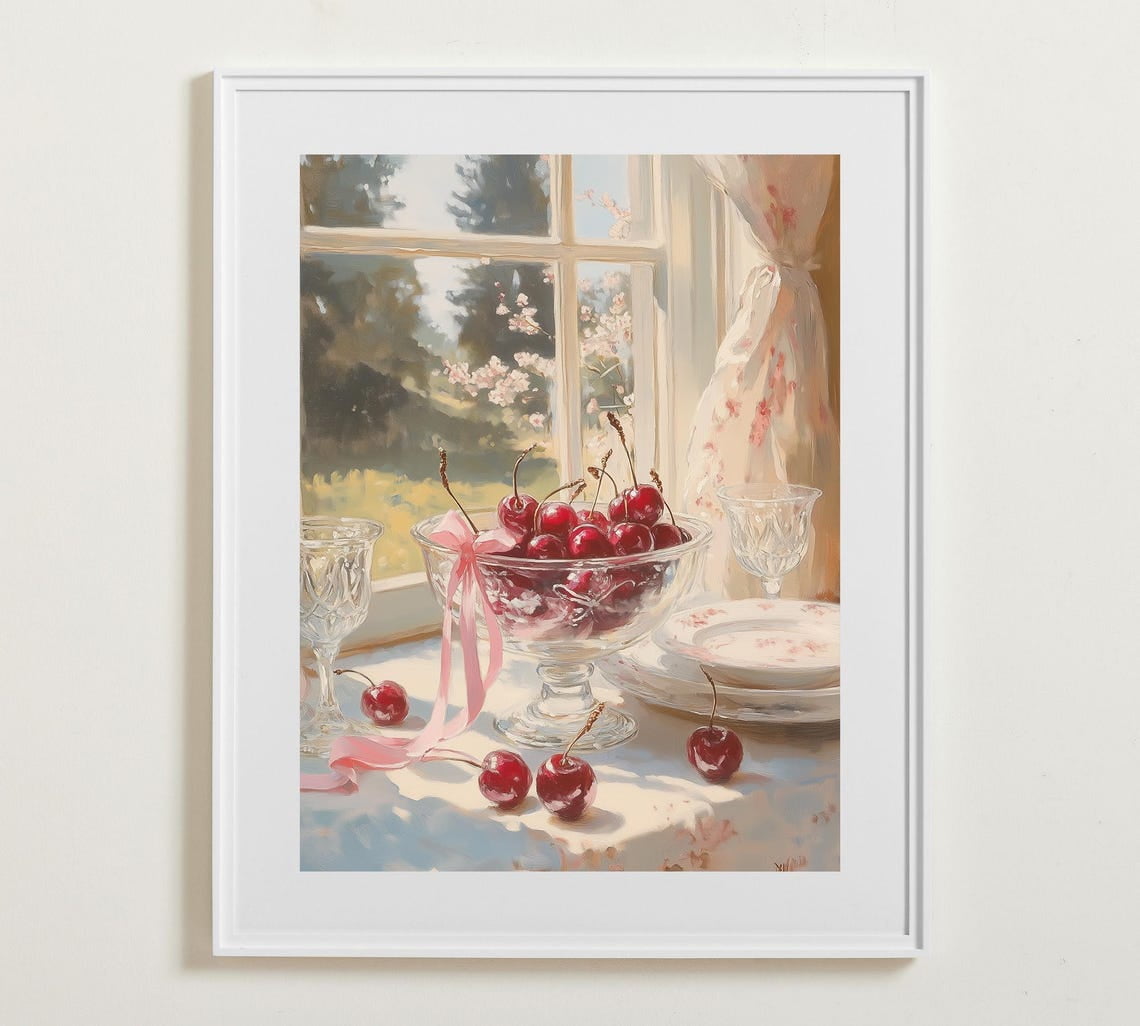 Cherry Cottagecore Wall Art, Cherry Bowl, Fruit Poster,Kitchen Decor ...