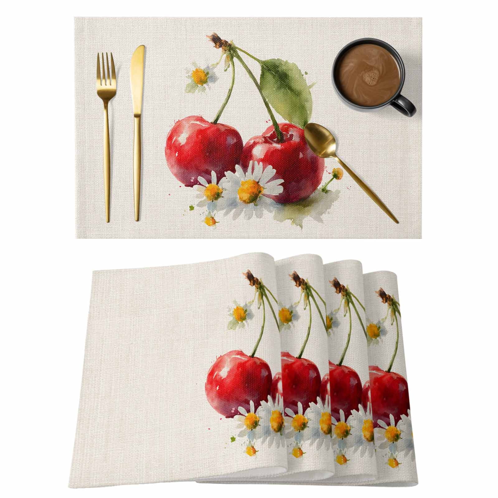 Cherry Cotton Linen Placemats Set of 12, Oil Painting Fruit Farmhouse ...