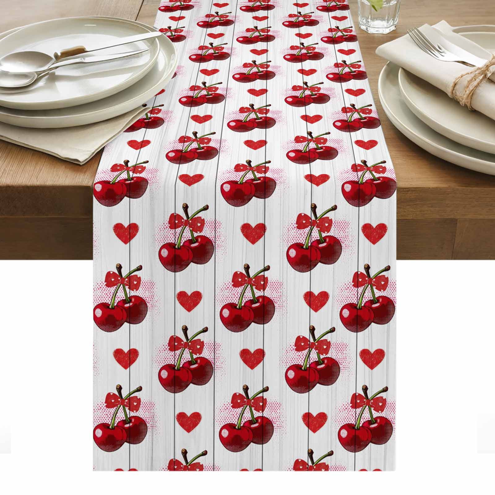 Cherry Cotton Linen Table Runner Watercolor Red Fruit Love Wave Point ...