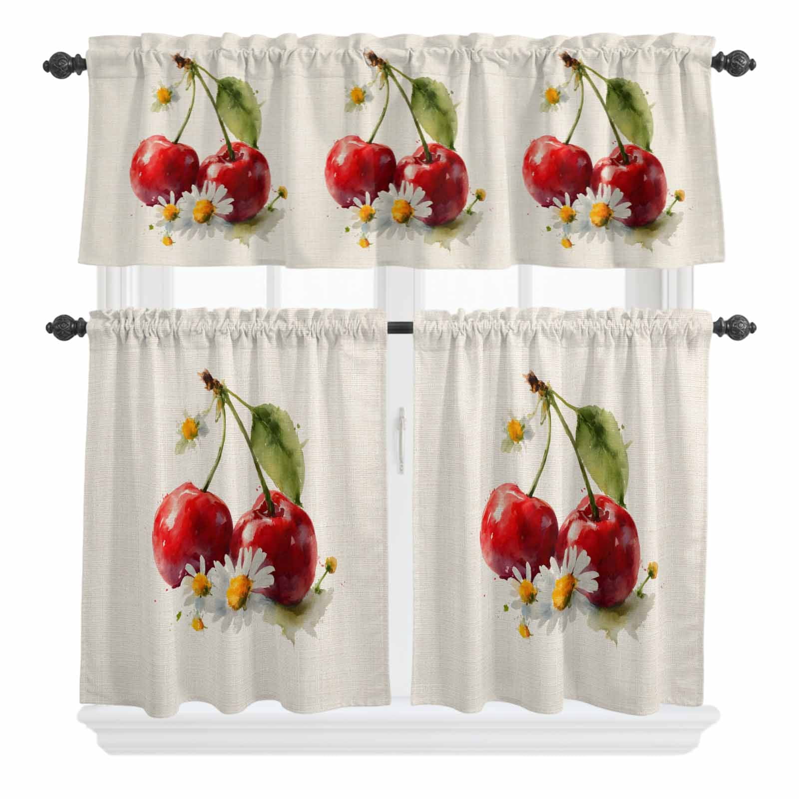 Cherry Curtain Valances Set Oil Painting Fruit Farmhouse Daisy Linen ...