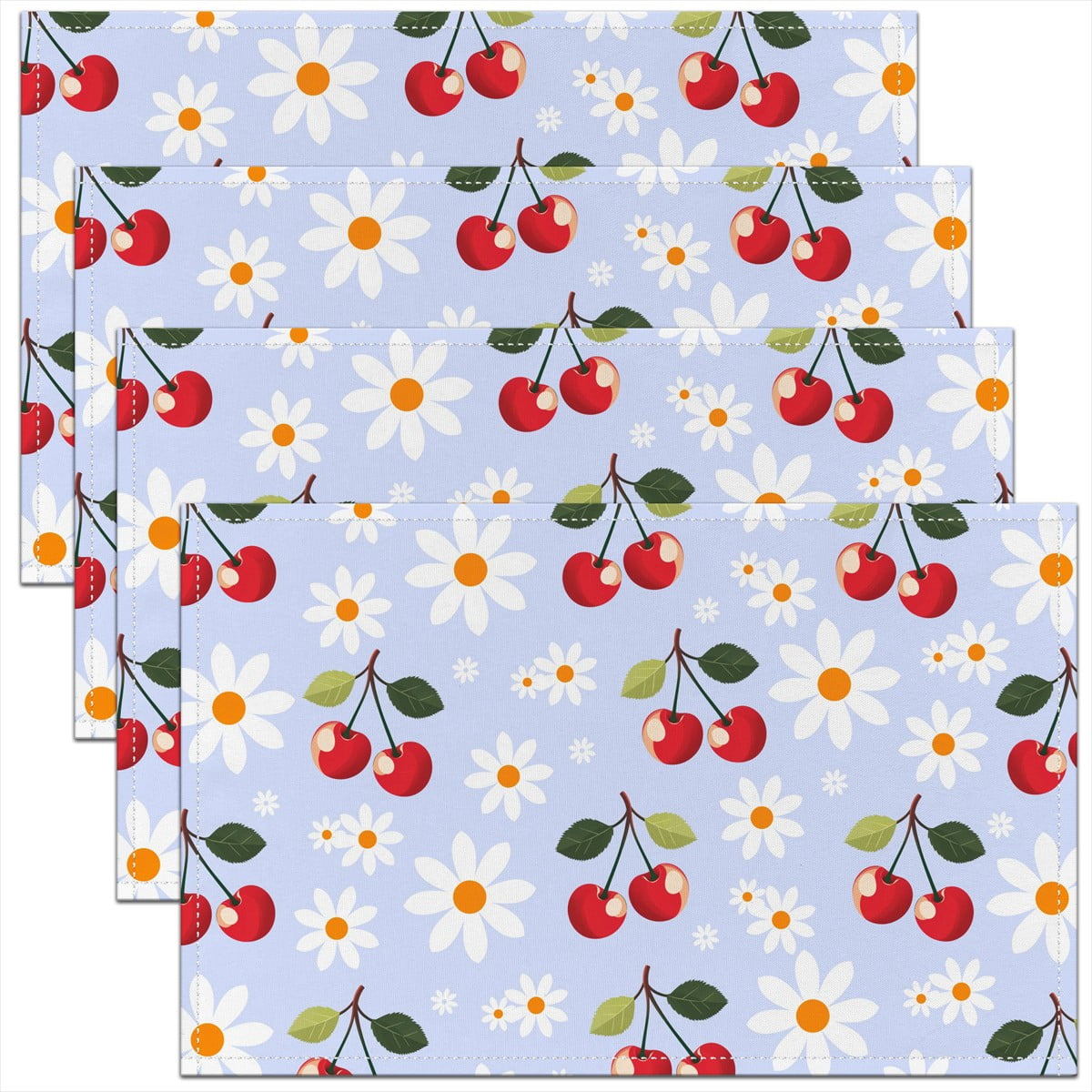 Cherry Daisy Placemats 12x18 Inch Set of 4 Watercolor Red Fruits Rustic ...