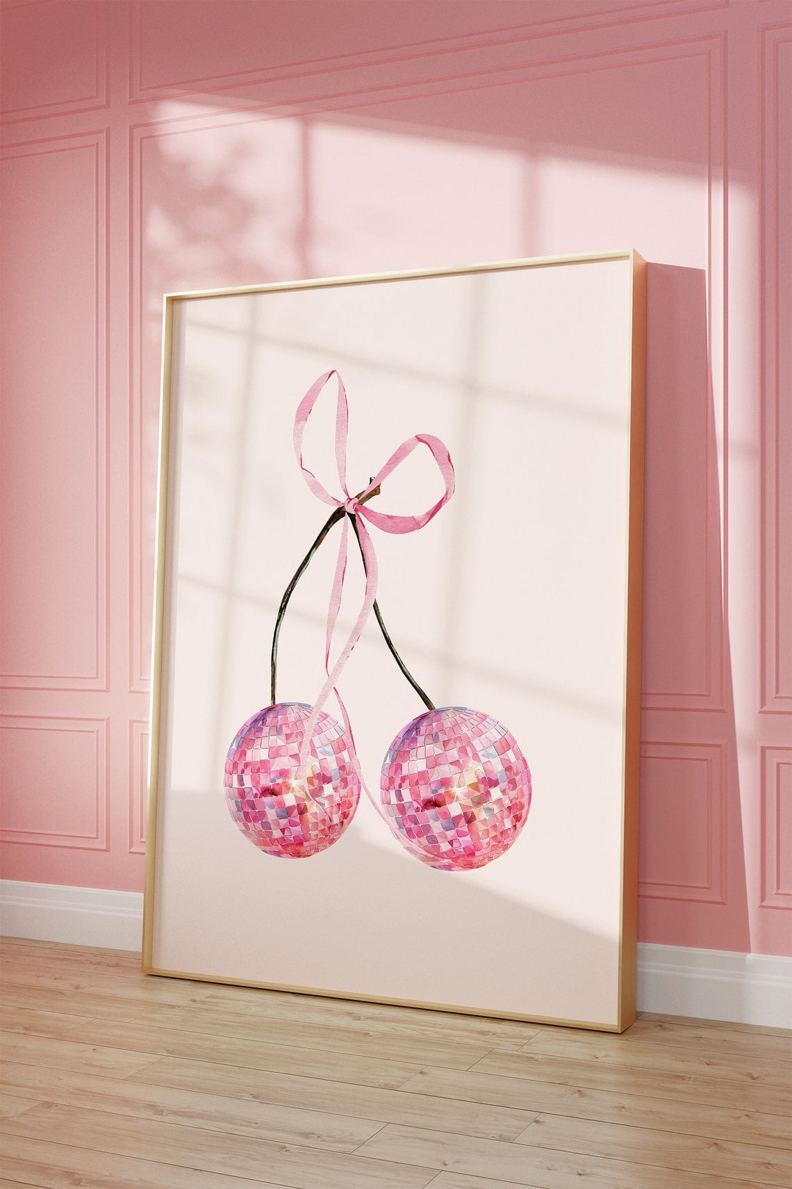 Cherry Disco Ball Poster: Pink Bow, Retro Dorm Decor Pdf & Jpg, Unframed Poster Size 16x24 ...