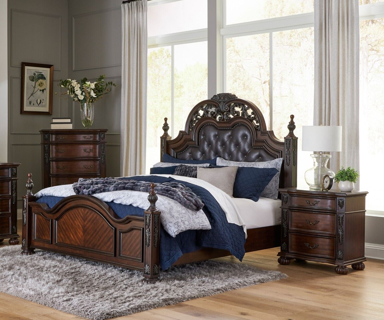 Cherry Finish Formal Traditional 3pc Bedroom Queen Bed and Two ...
