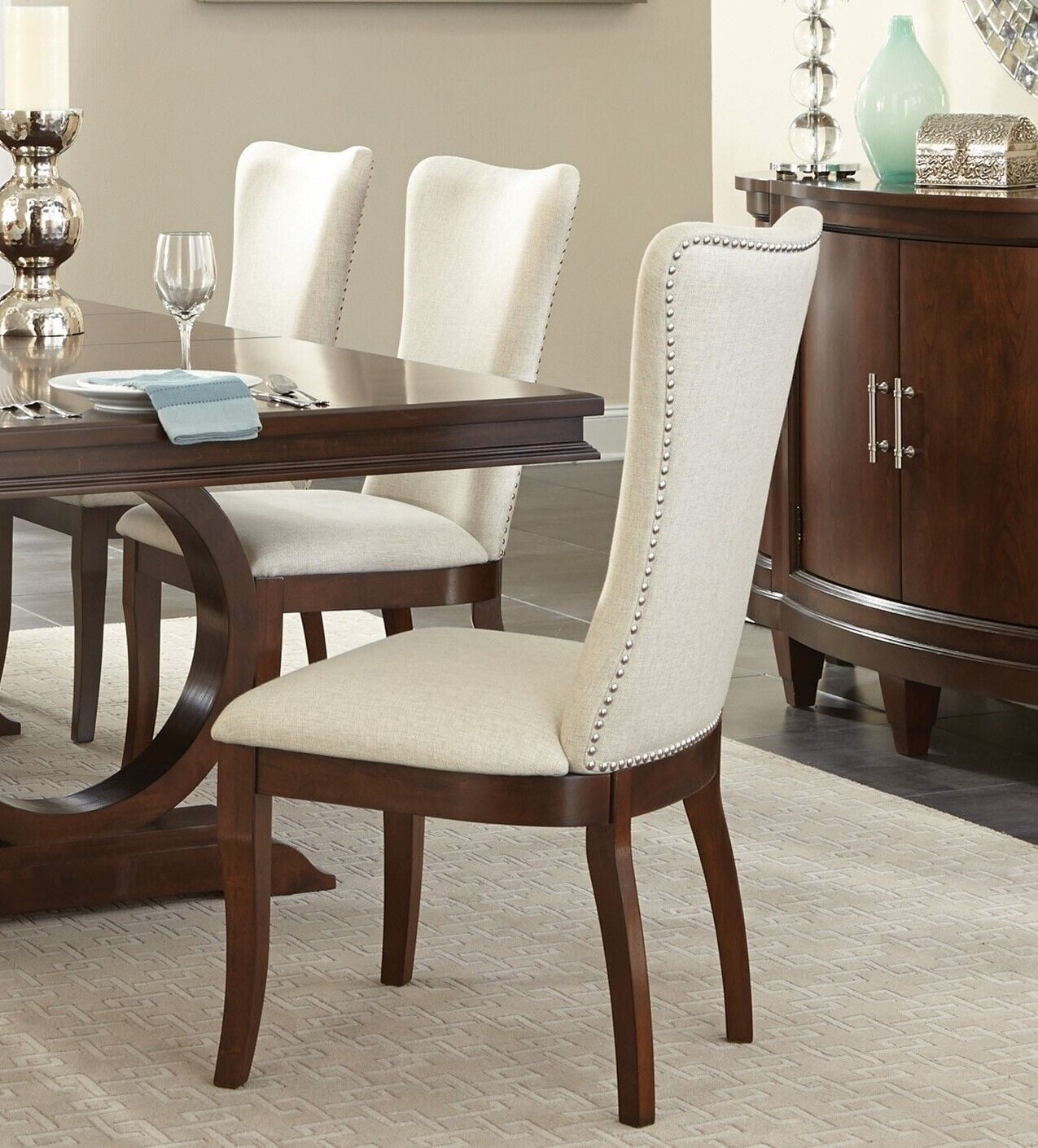 Cherry Finish Wood Dining Chairs Set of 4, Upholstered Back Nailhead ...