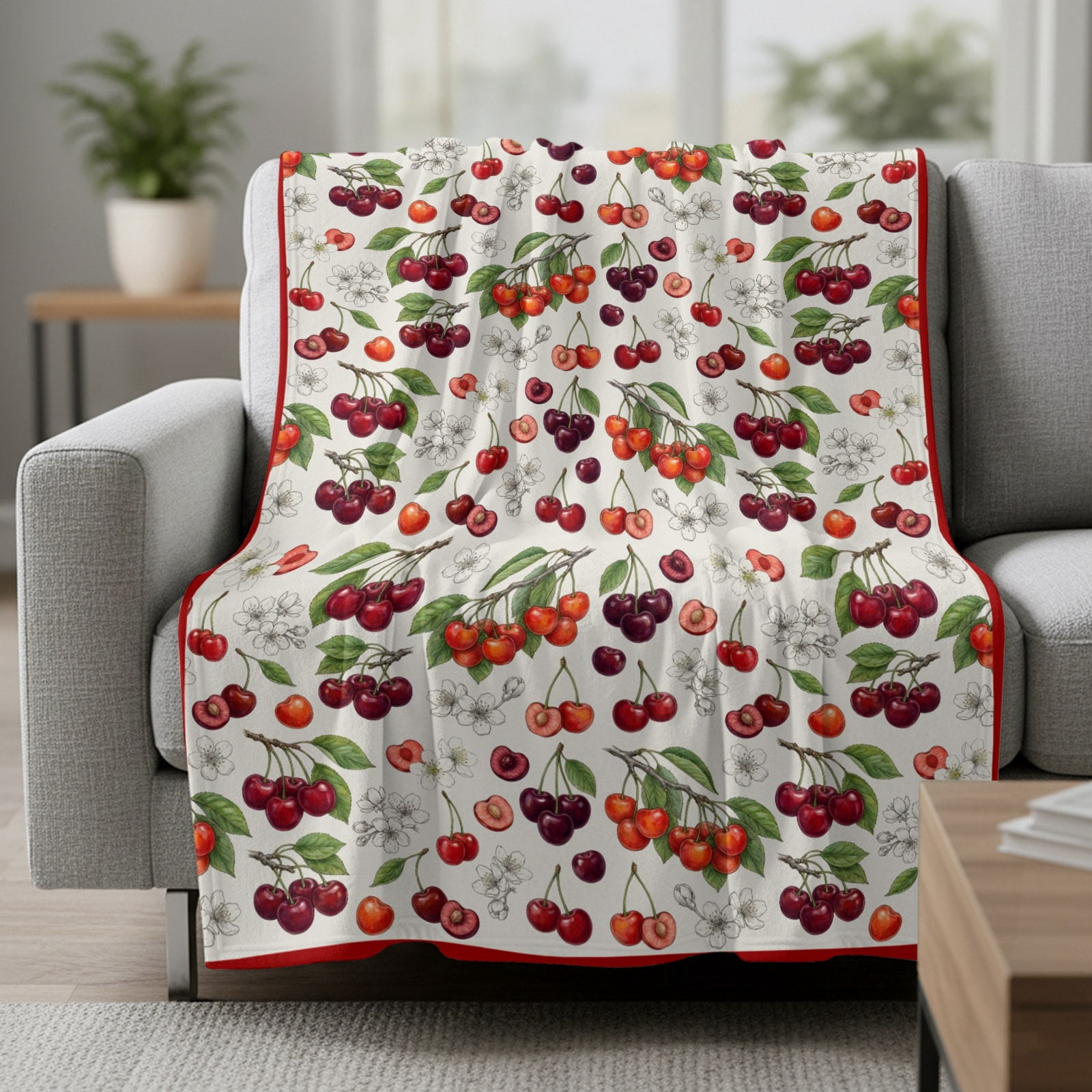 Cherry Fleece Throw Blanket Retro Pink Red Cherry White Floral Beige ...
