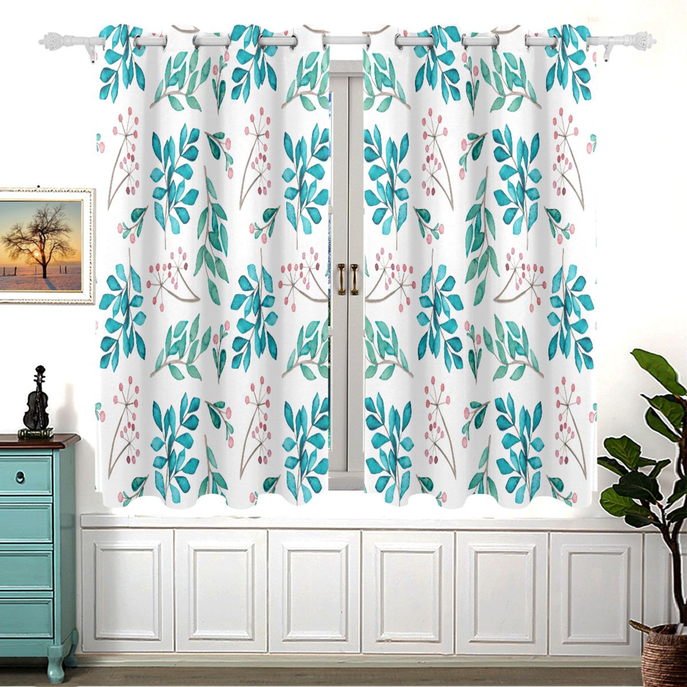 Cherry Floral Leaves Blackout Curtains Window Grommet Insulated Curtain ...