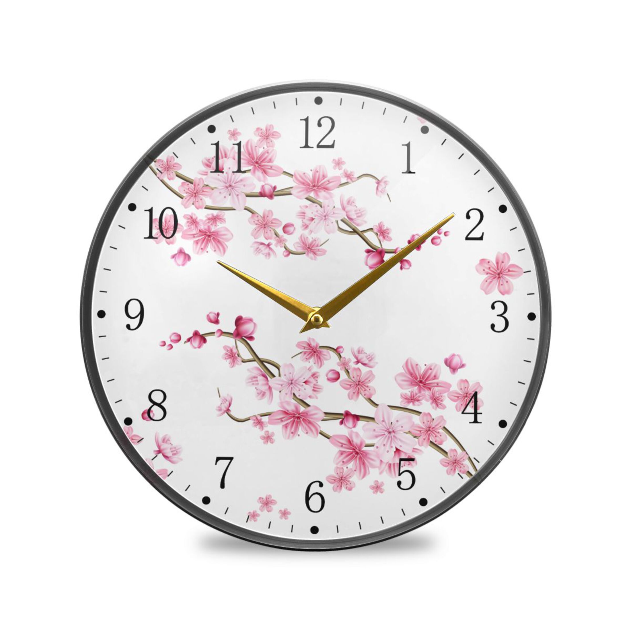 Cherry Floral Pink Flowers Acrylic Wall Clocks Quiet Round Clock ...