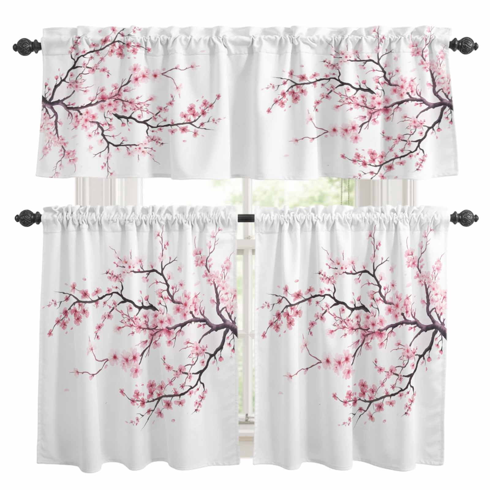 Cherry Flowers Curtain Valances Set Pink Floral Branch Spring ...
