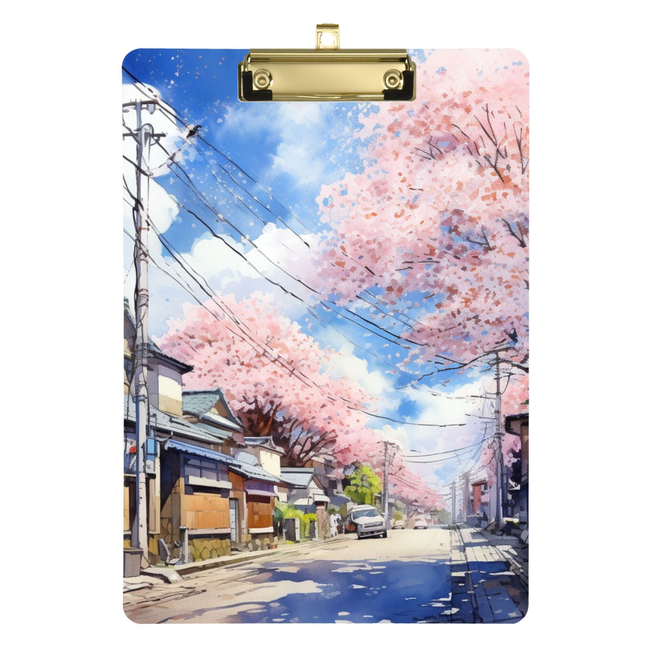 Cherry Flowers Street Landscape Acrylic Clipboard with Gold Clip for ...