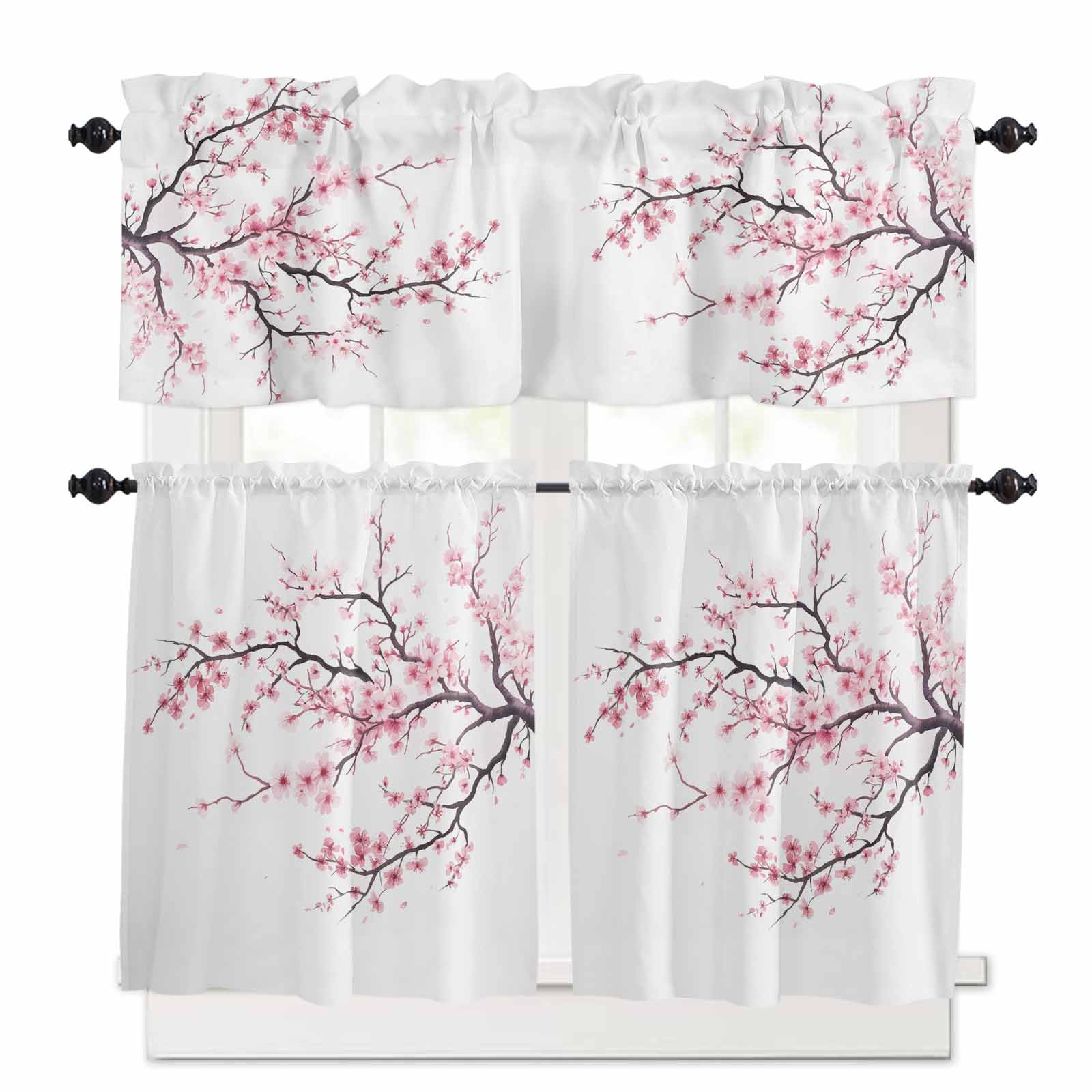 Cherry Flowers Window Curtains Valance Set of 3 Pink Floral Branch ...