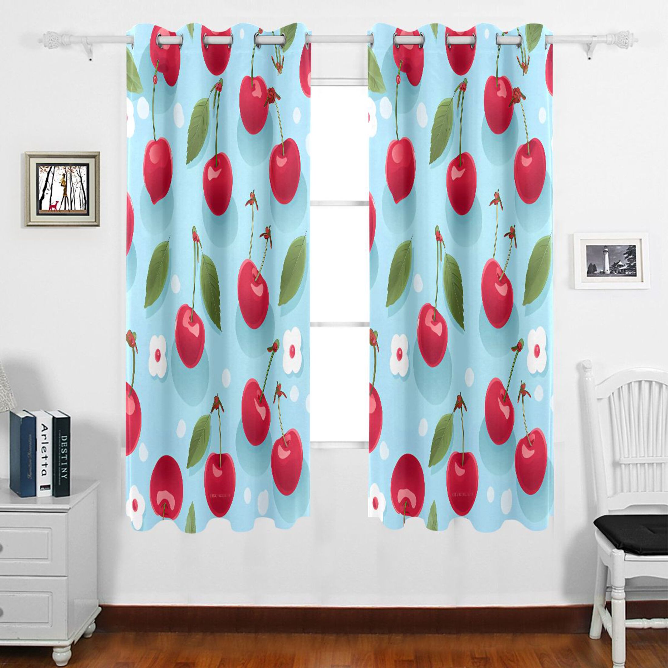 Cherry Flowers in Blue Grommet Blackout Curtains Thermal Insulated ...