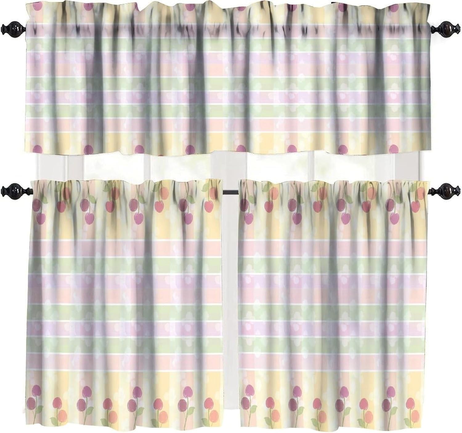 Cherry Fruit Cartoon Theme Blackout Valance, Watercolor Checkered ...