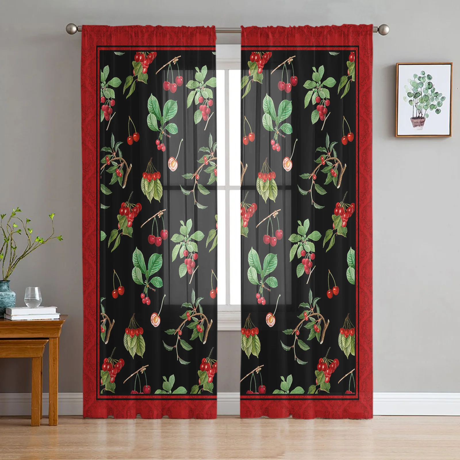 Cherry Fruit Retro Sheer Curtains for Bedroom Living Room ration Window ...